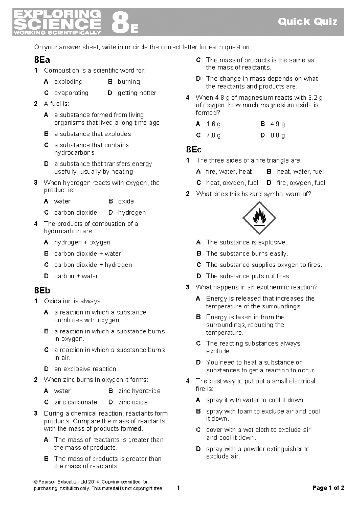 8E Quick Quiz on Combustion and Chemical Reactions - Studocu