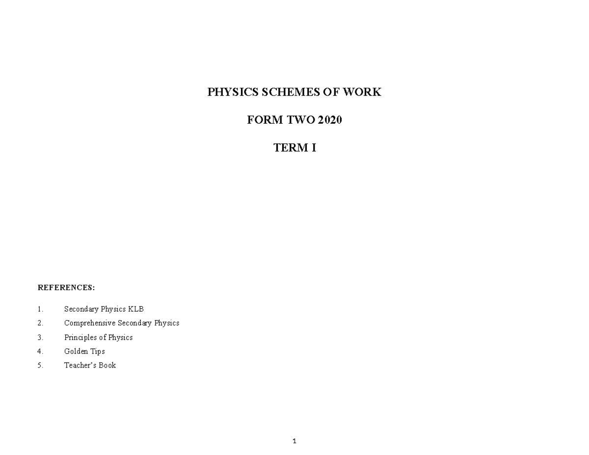Physics FORM 2 Term 1 Schemes of Work and Lesson Plans - Studocu