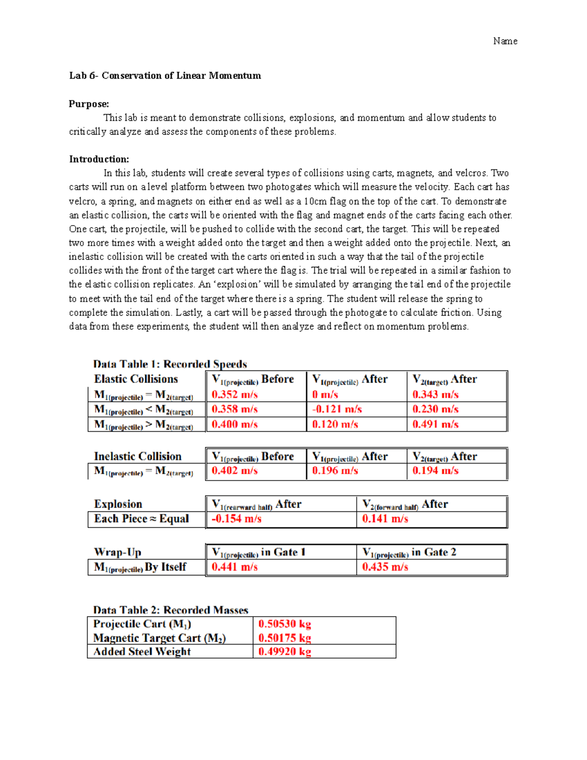 Lab 6 Lab Report 2108 - PHYS 2108 Lab with Dr.Amir Javaid - Lab 6- Conservation of Linear ...