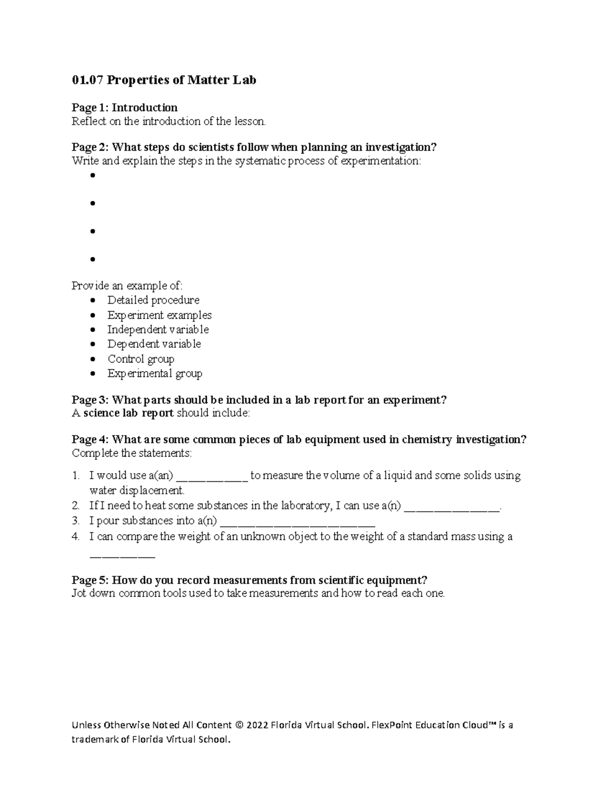 01.07 Properties of Matter Lab: Experimentation & Equipment Guide - Studocu