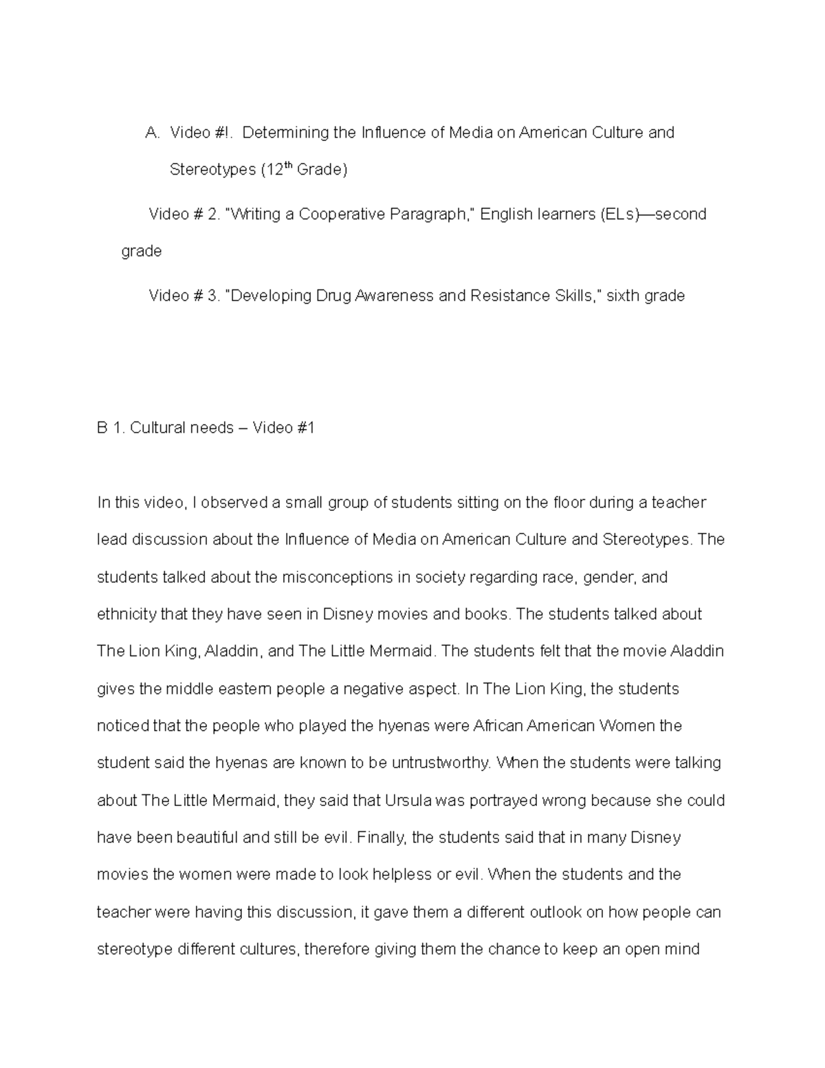 Cctask 1 - task 1 - A. Video #!. Determining the Influence of Media on ...