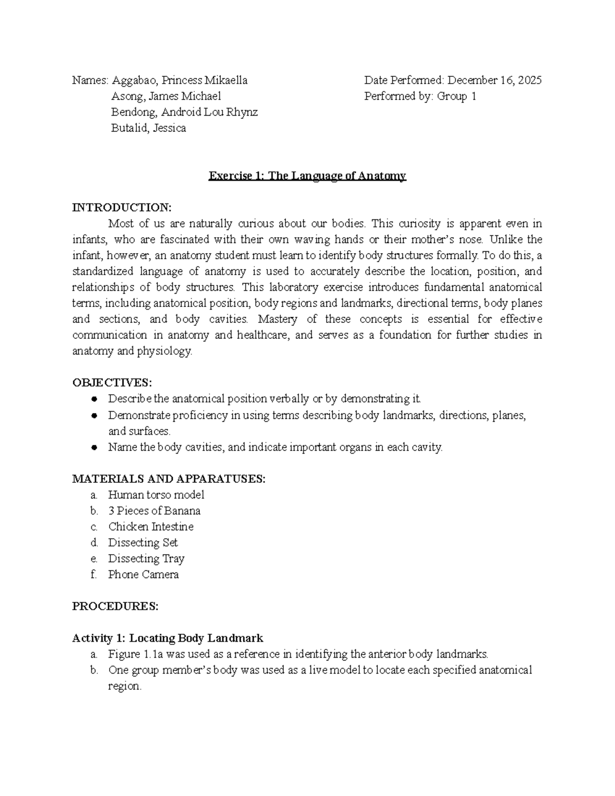 Anaphy Lab: Group Exercise 1 - The Language of Anatomy - Studocu