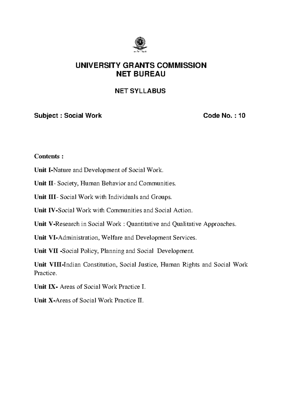Social work NET Syllabus - UNIVERSITY GRANTS COMMISSION NET BUREAU NET ...