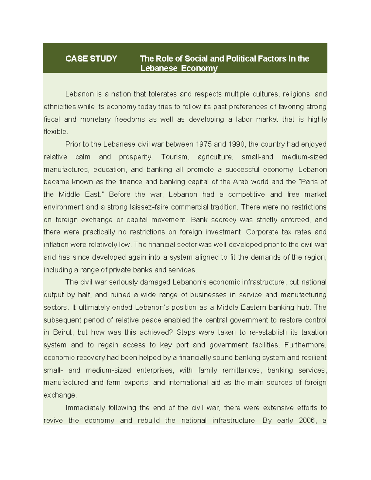 CASE STUDY: Social and Political Influences on Lebanon's Economy - Studocu
