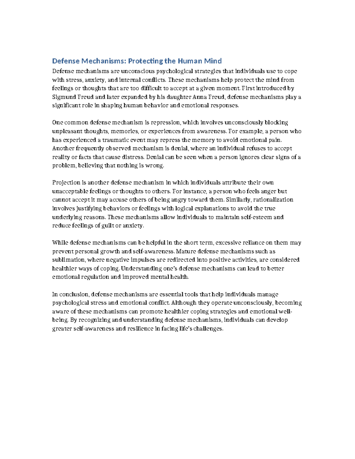 PSY 101: Essay on Defense Mechanisms and Emotional Coping Strategies ...