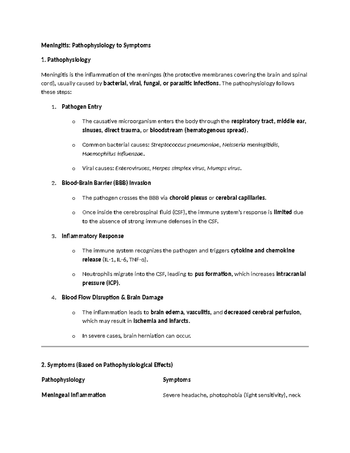 Meningitis: Detailed Lecture Notes on Pathophysiology & Symptoms - Studocu