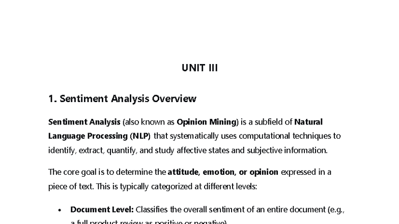 WSMA UNIT 3: Comprehensive Overview of Sentiment Analysis - Studocu