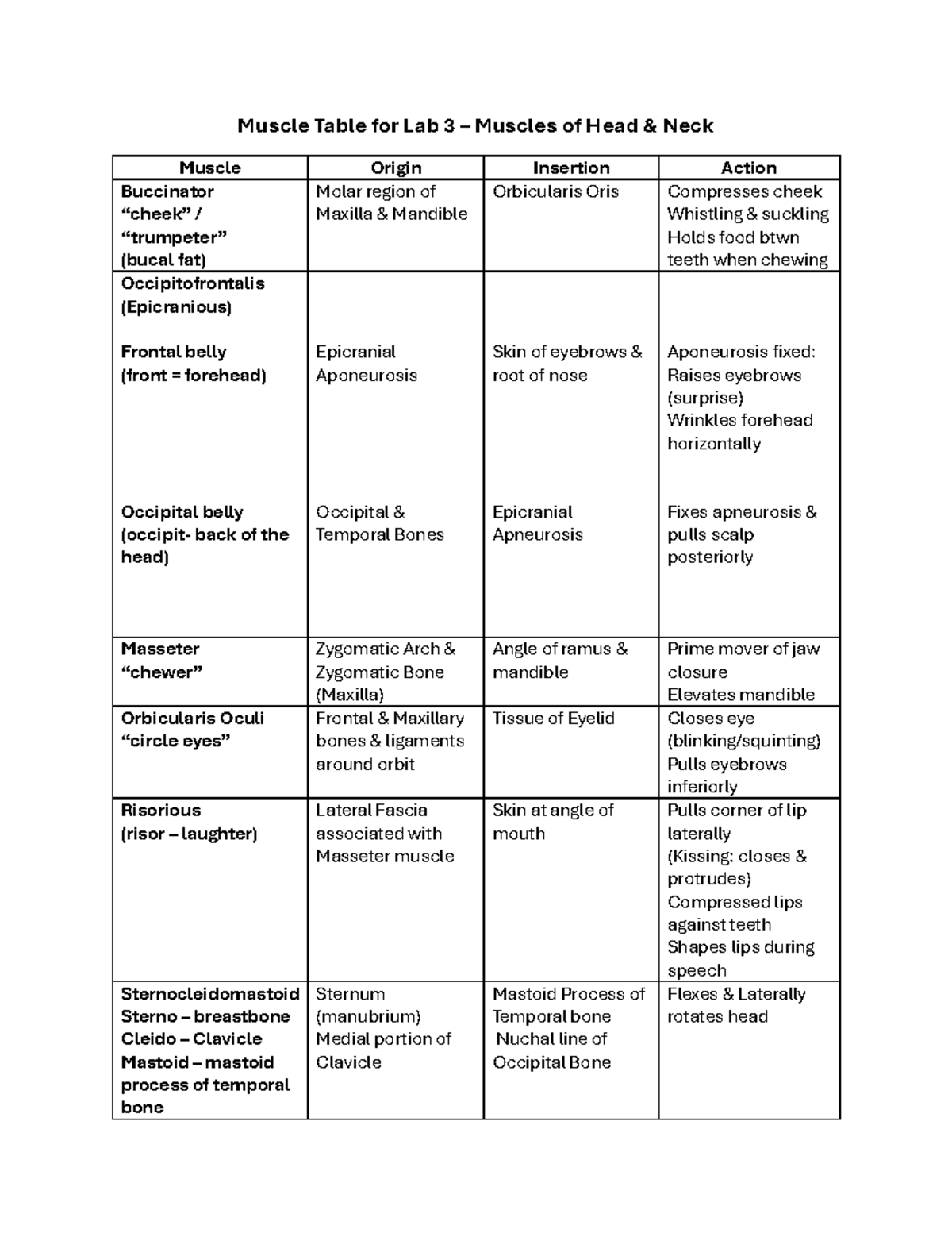 Muscular Table - Muscle Table for Lab 3 – Muscles of Head & Neck Muscle ...