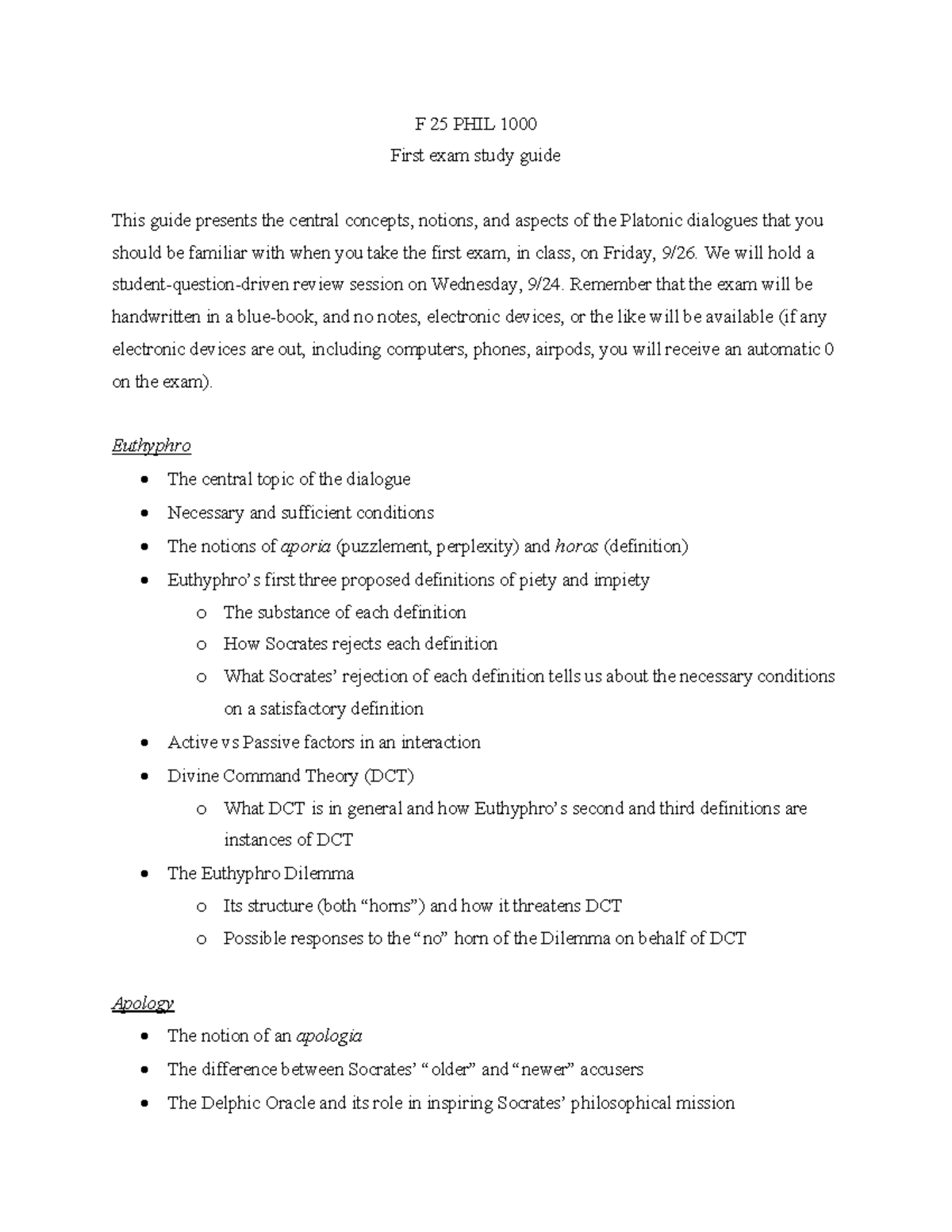 PHIL 1000 First Exam Study Guide: Key Concepts in Platonic Dialogues ...
