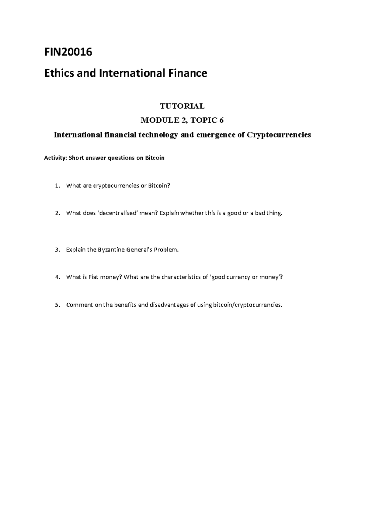 FIN2001 6 Mod2 Topic 6 Tutorial Solution v1 - FIN Ethics and ...