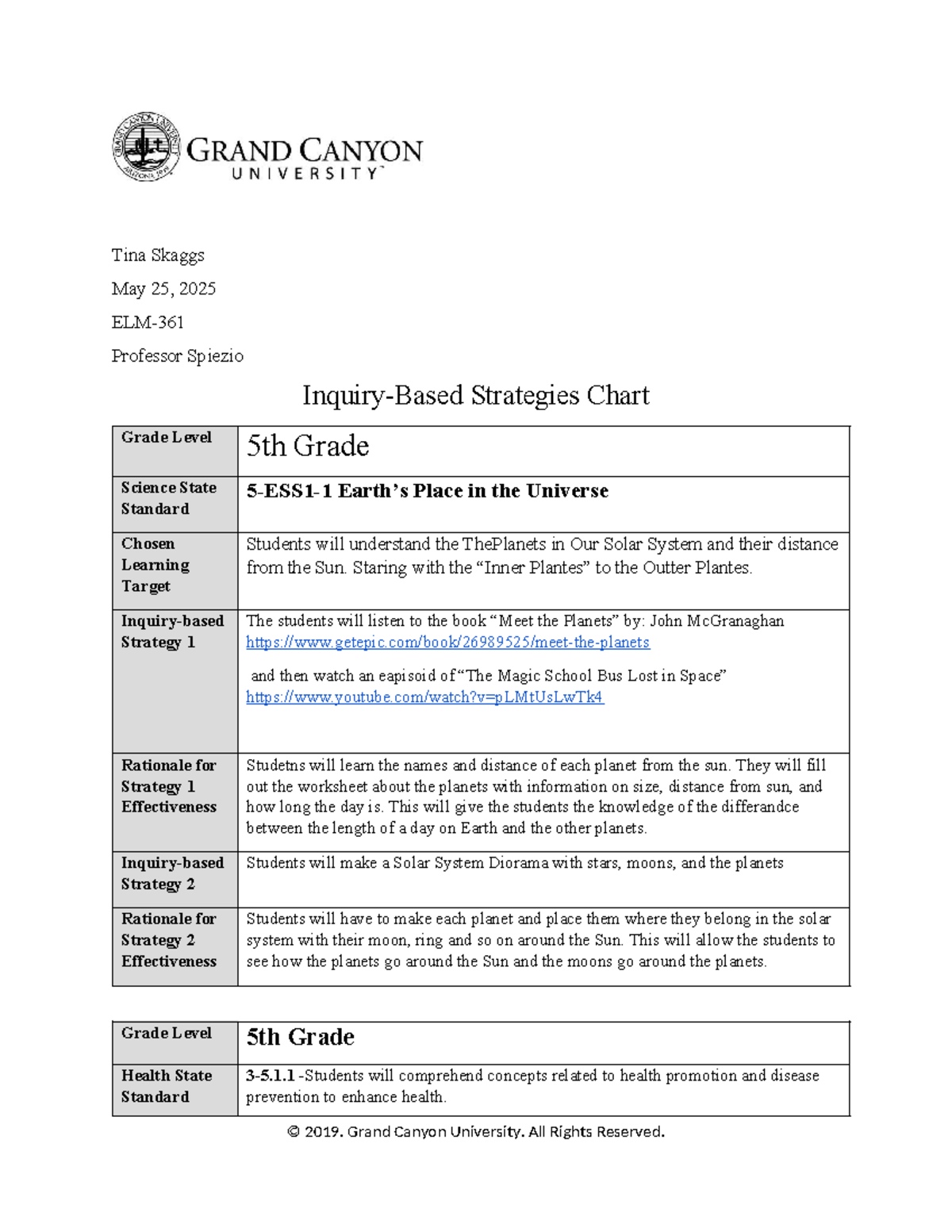 ELM 361 T1 Strategies Chart for 5th Grade Science: Solar System ...