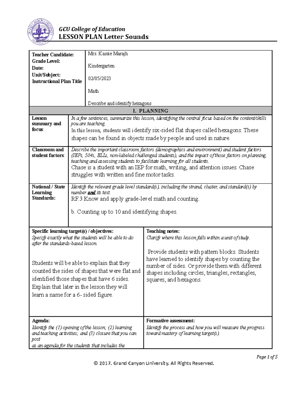ECS-125-RS-Kindergarten Lesson Plan: Identifying Hexagons - Studocu