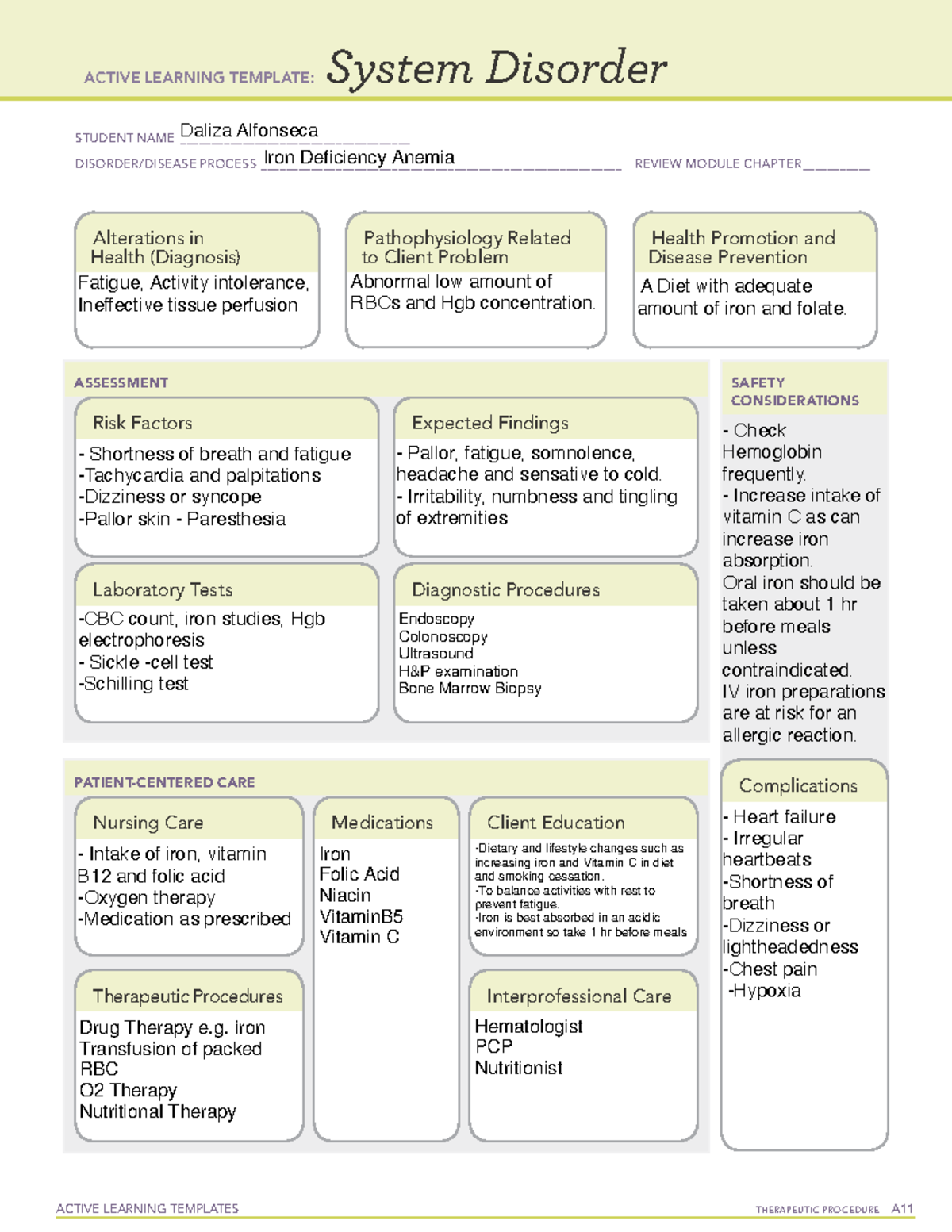 Iron Deficiency Anemia: Active Learning Template for Student Study ...