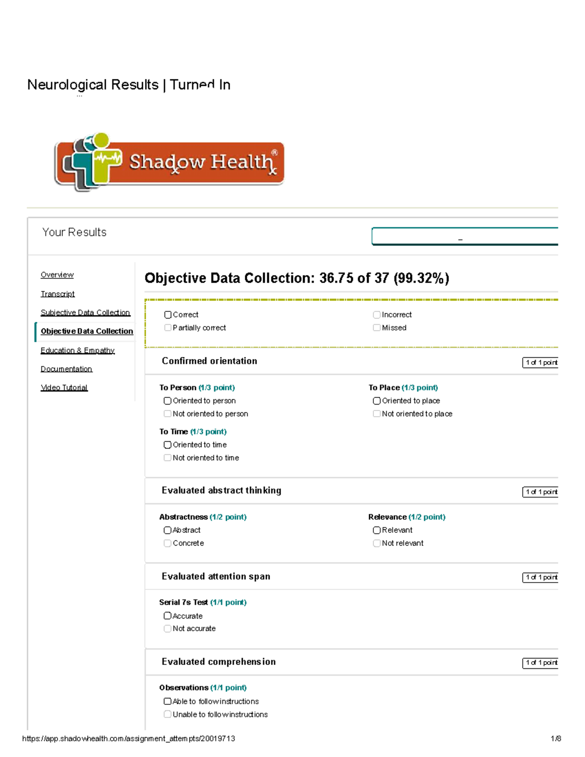 Neurological Objective Assessment: Shadow Health NSG 2025 Lab Results ...