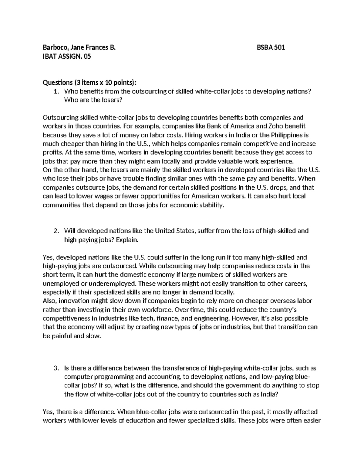 05 BSBA 501 IBAT Assignment: Outsourcing Impacts and Job Dynamics - Studocu