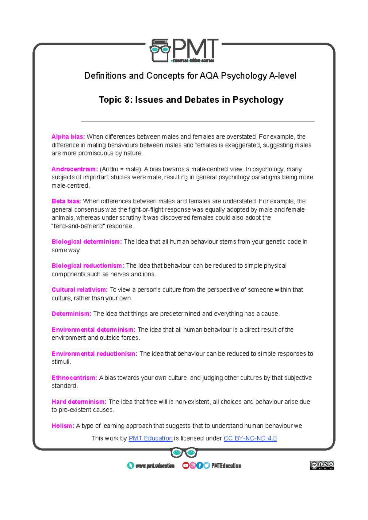 AQA Psychology Topic 8: Key Terms on Issues & Debates - Studocu