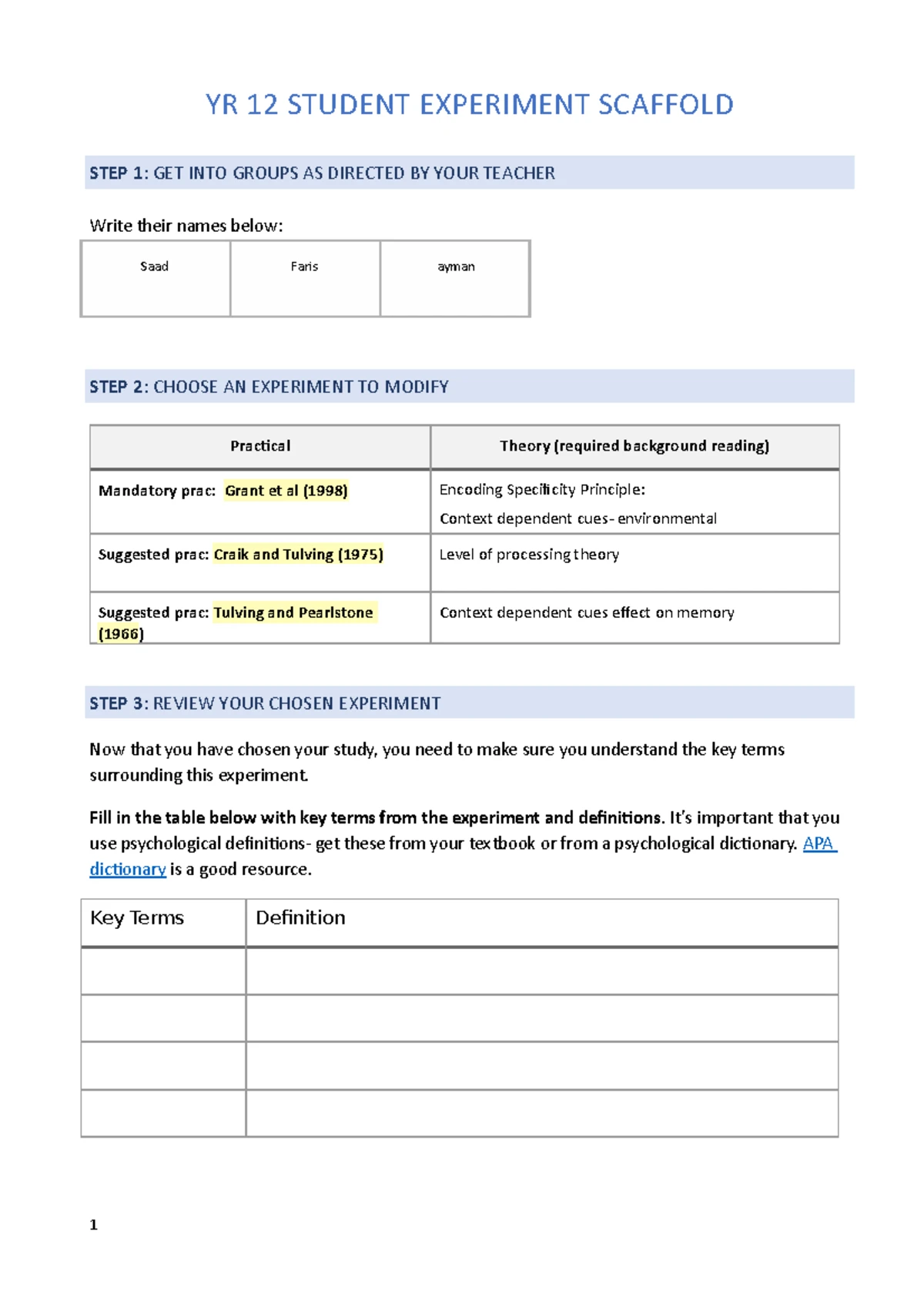 YR 12 IA2 scaffold - YR 12 STUDENT EXPERIMENT SCAFFOLD STEP 1: GET INTO ...