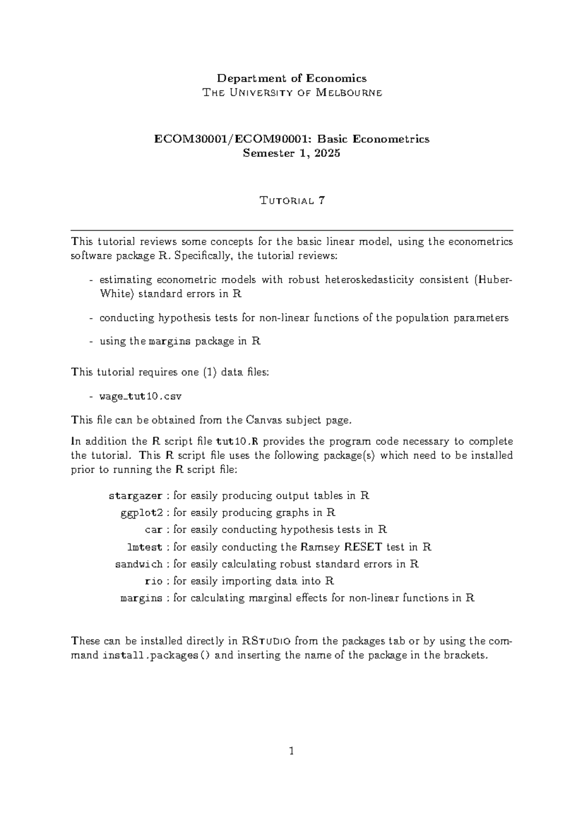 Tut 7 2025 - Basic econometrics tutorial on linear models in R - Studocu