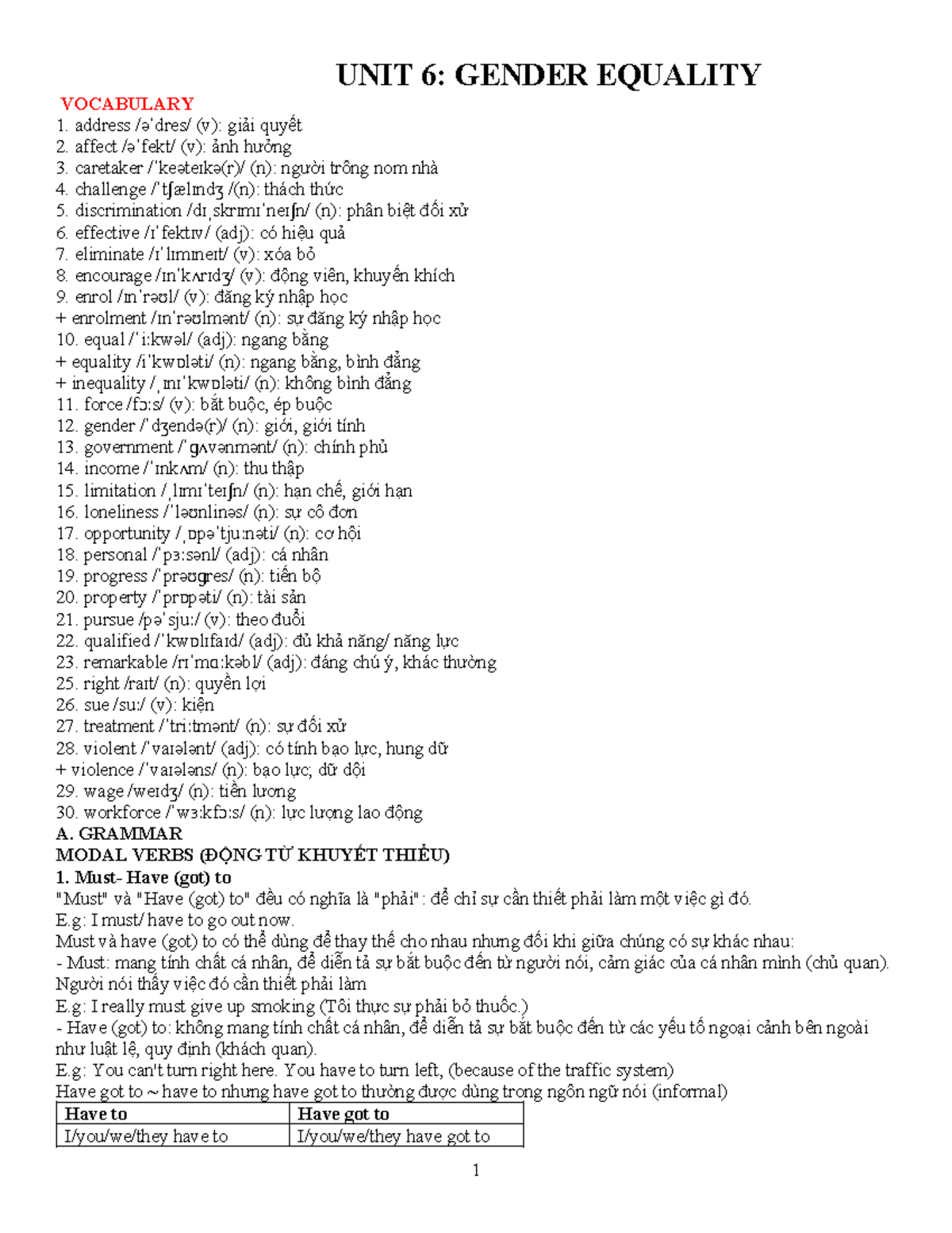 UNIT 6: GENDER EQUALITY - VOCABULARY & GRAMMAR NOTES - Studocu