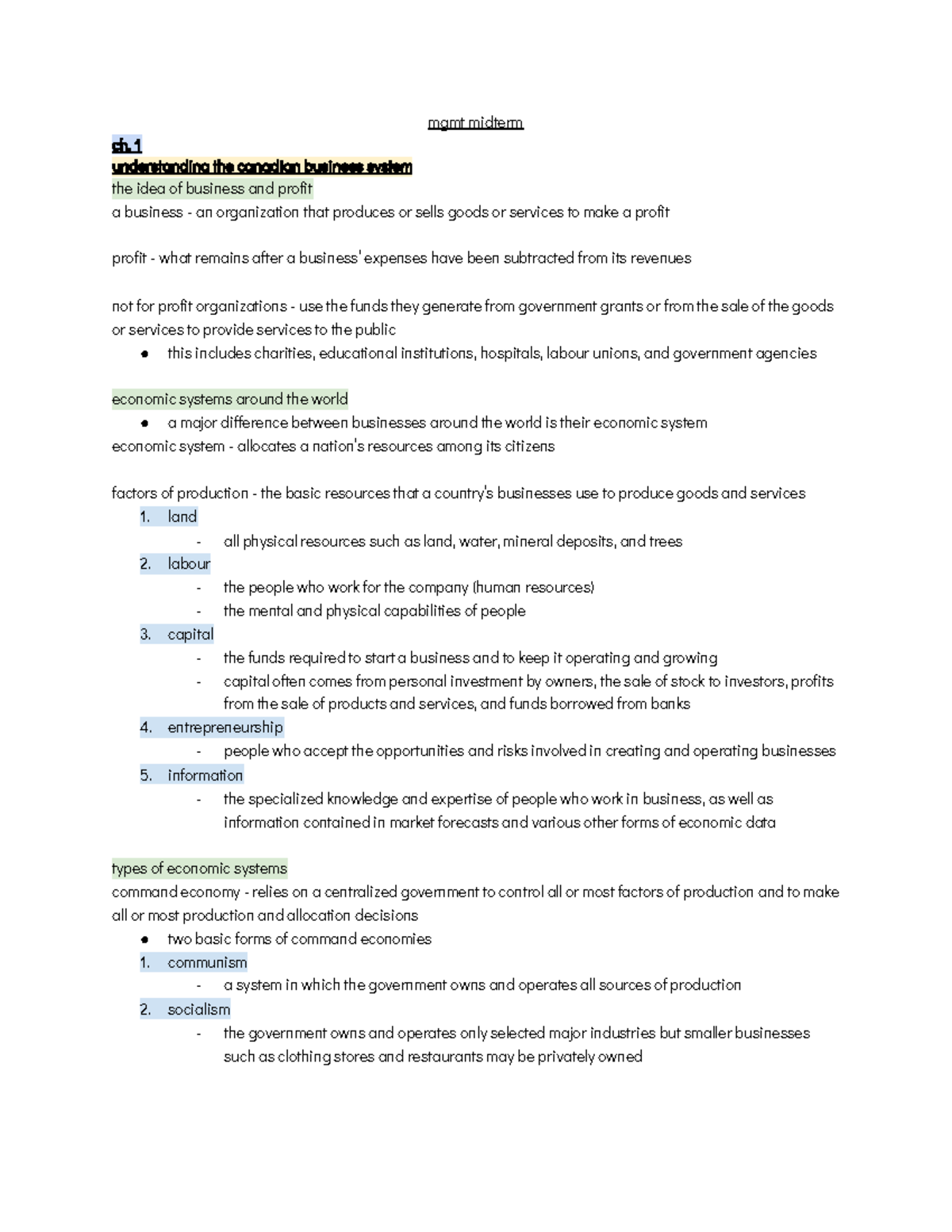 Mgmt Midterm Ch. 1: Understanding the Canadian Business System - Studocu