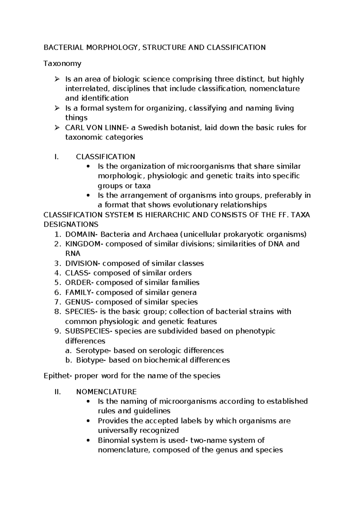Prelims Bacte: Study Outline on Bacterial Morphology & Classification ...