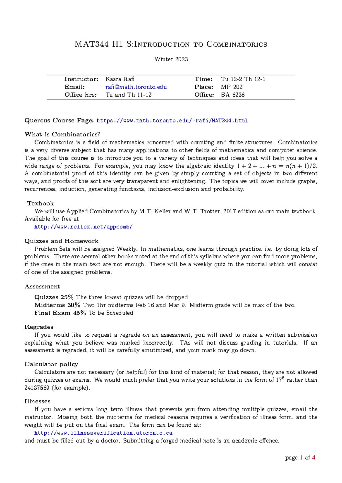 MAT344 H1 S: Syllabus for Introduction to Combinatorics Winter 2023 ...