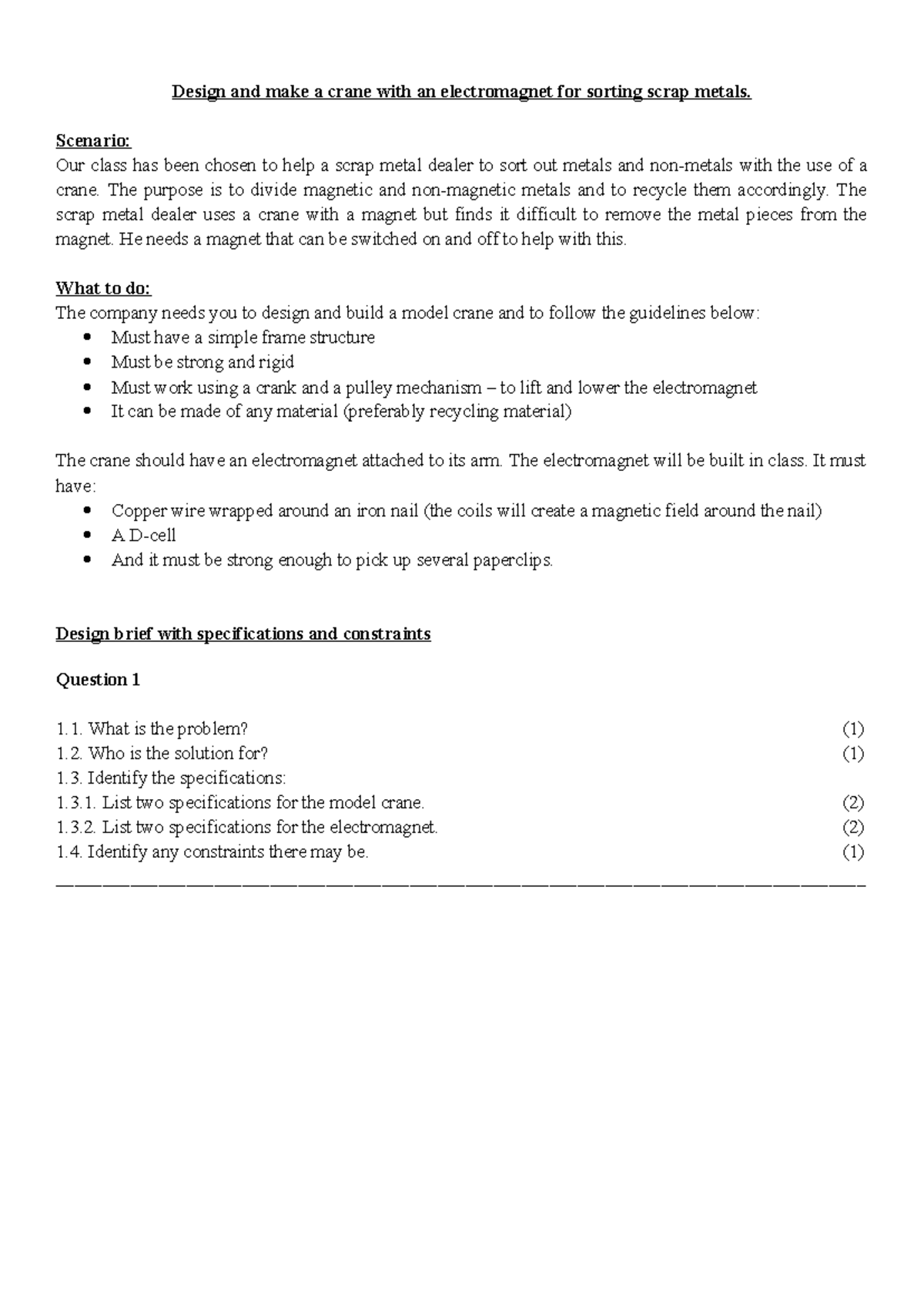 Tech Project - Grade 7: Electromagnet Crane Design for Scrap Metal ...