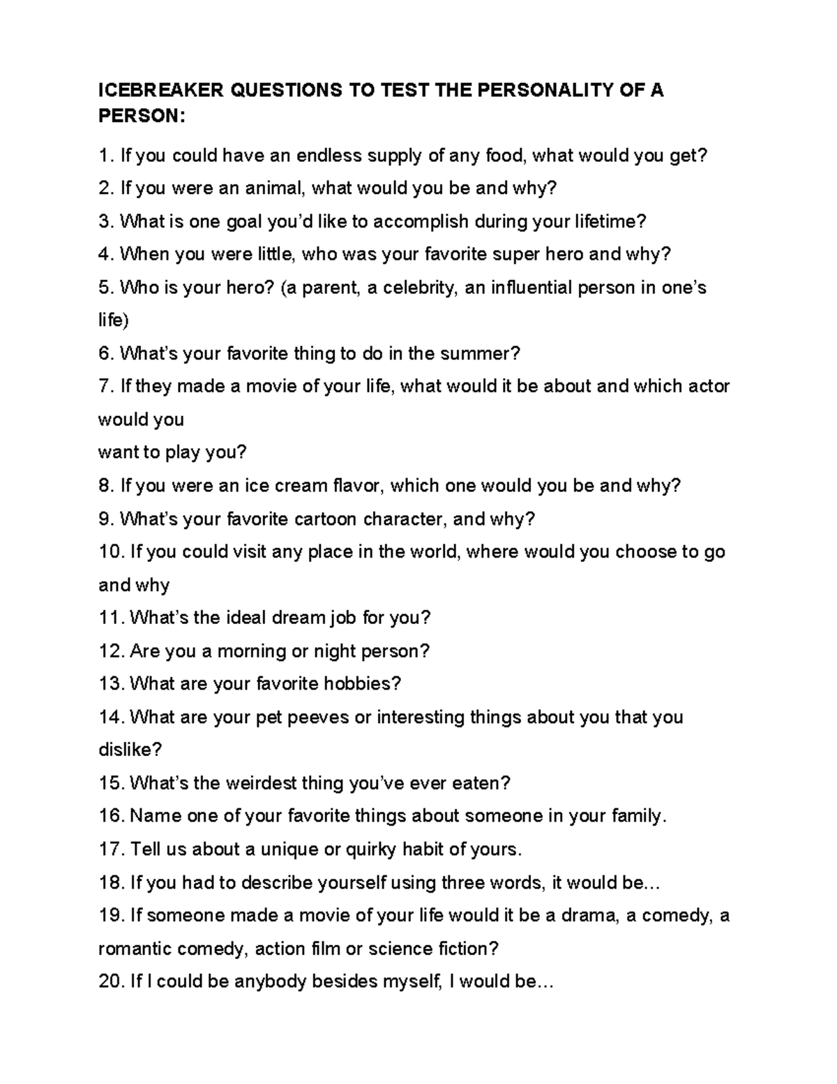 ICE 101: Icebreaker Questions to Explore Personality Traits - Studocu