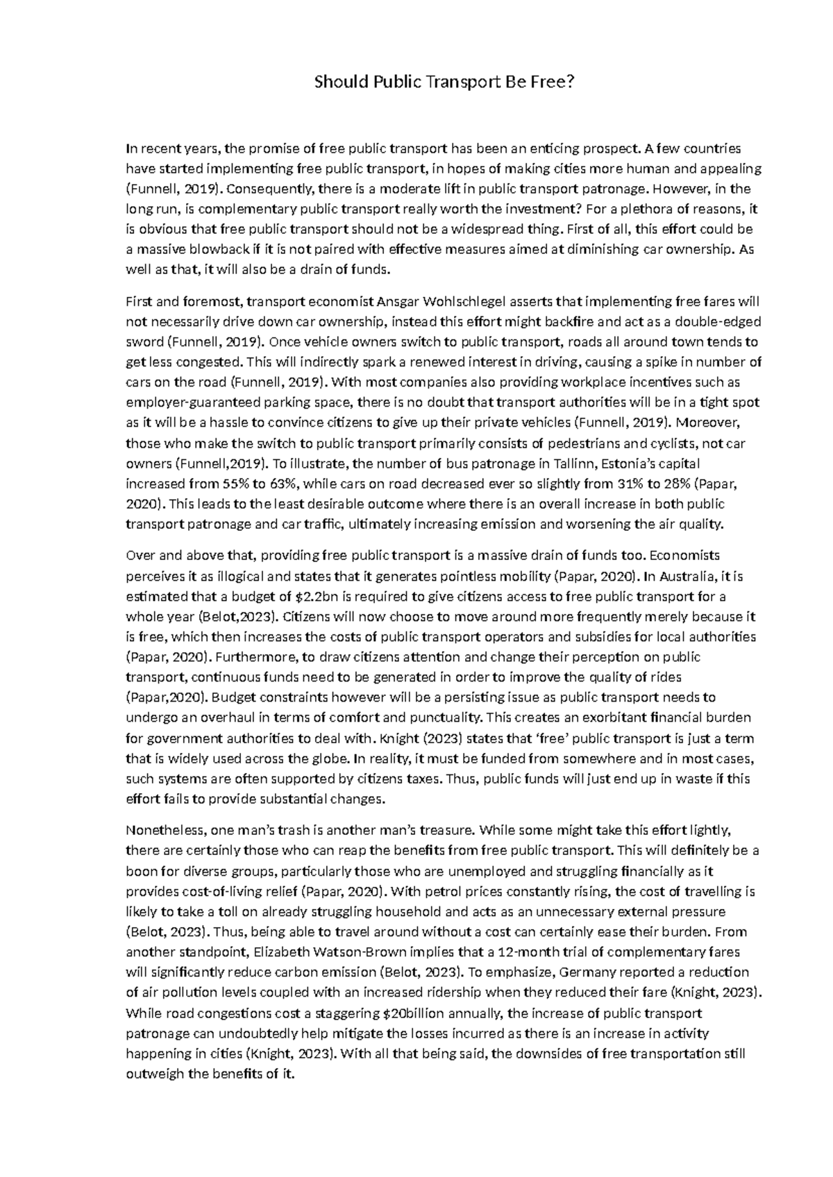 Public Transport Essay: Analyzing the Case Against Free Transport - Studocu