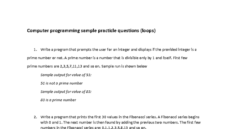 Computer Programming Sample Practical Questions (Loops) - Studocu