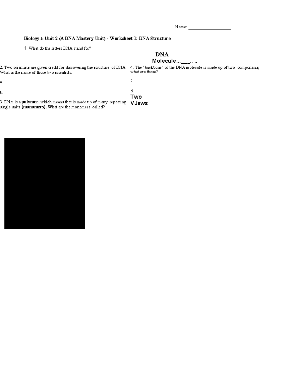 Biology I: Unit 2 - DNA Structure Worksheet for Mastery - Studocu