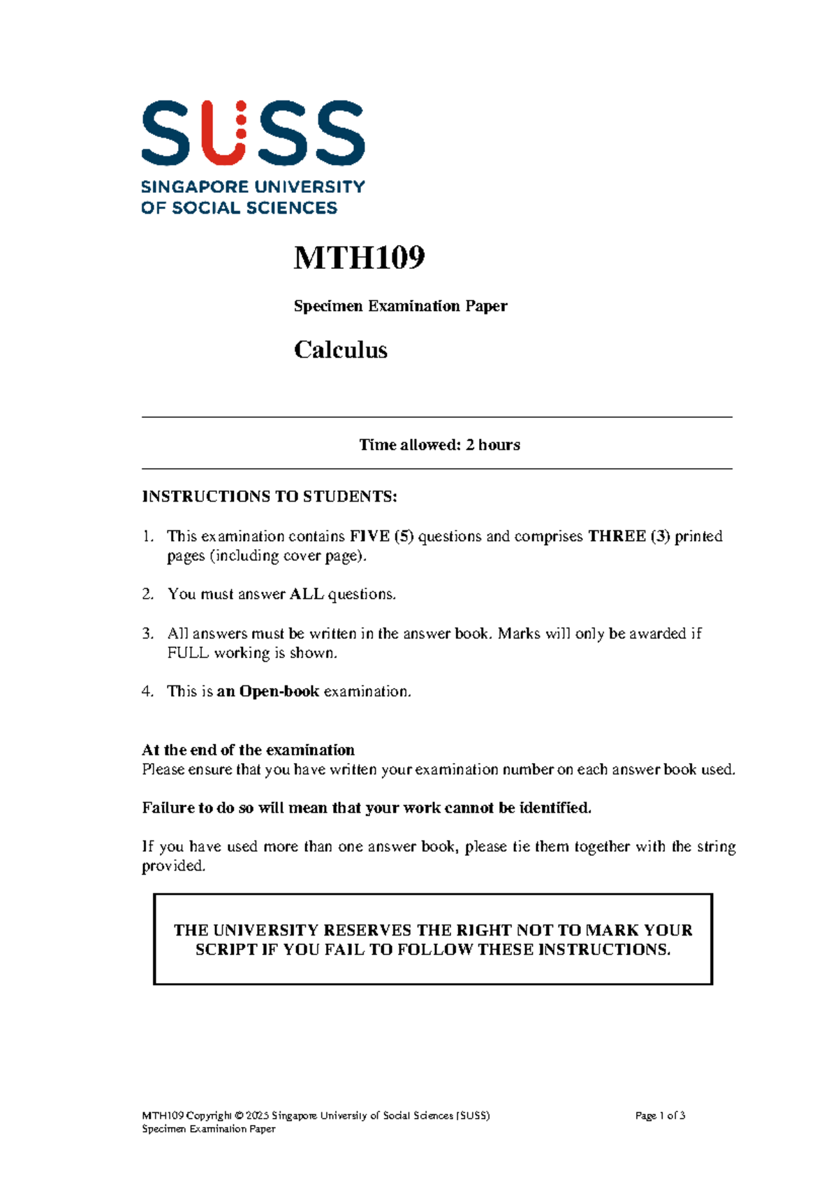 MTH109 Specimen Exam Paper: Calculus (2-Hour Duration) - Studocu