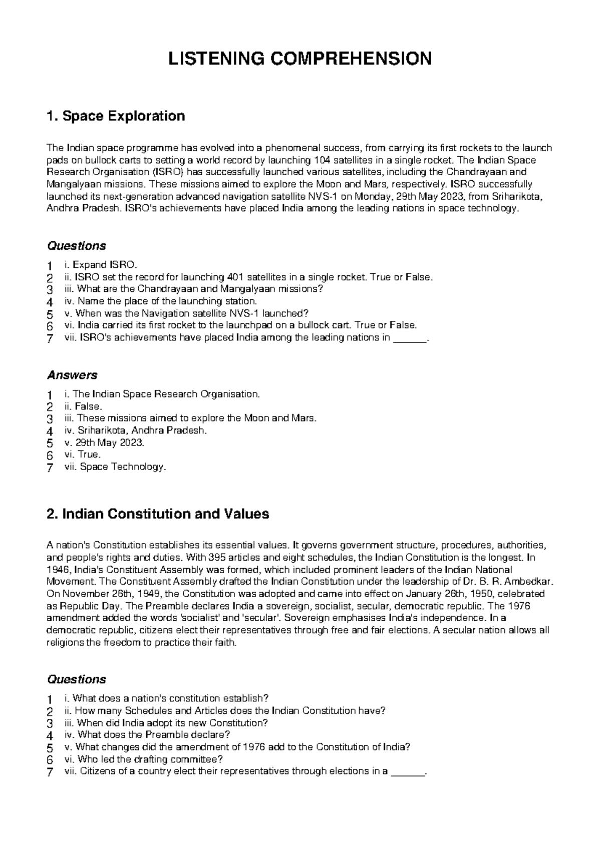 Listening Comprehension: Space Exploration & Indian Constitution - Studocu