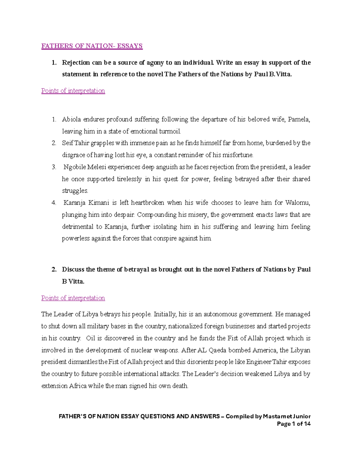 FATHERS OF NATIONS: ESSAY QUESTIONS & ANALYSES - Studocu