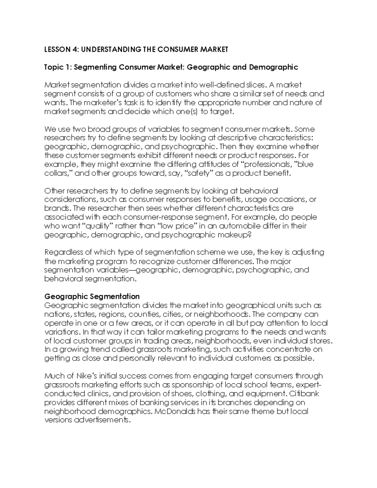 Lesson 4 Understanding the Consumer Market - LESSON 4: UNDERSTANDING ...