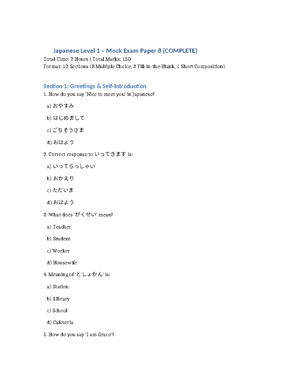 Japanese Level 1 Mock Exam Paper 8 - Complete Practice Test - Studocu
