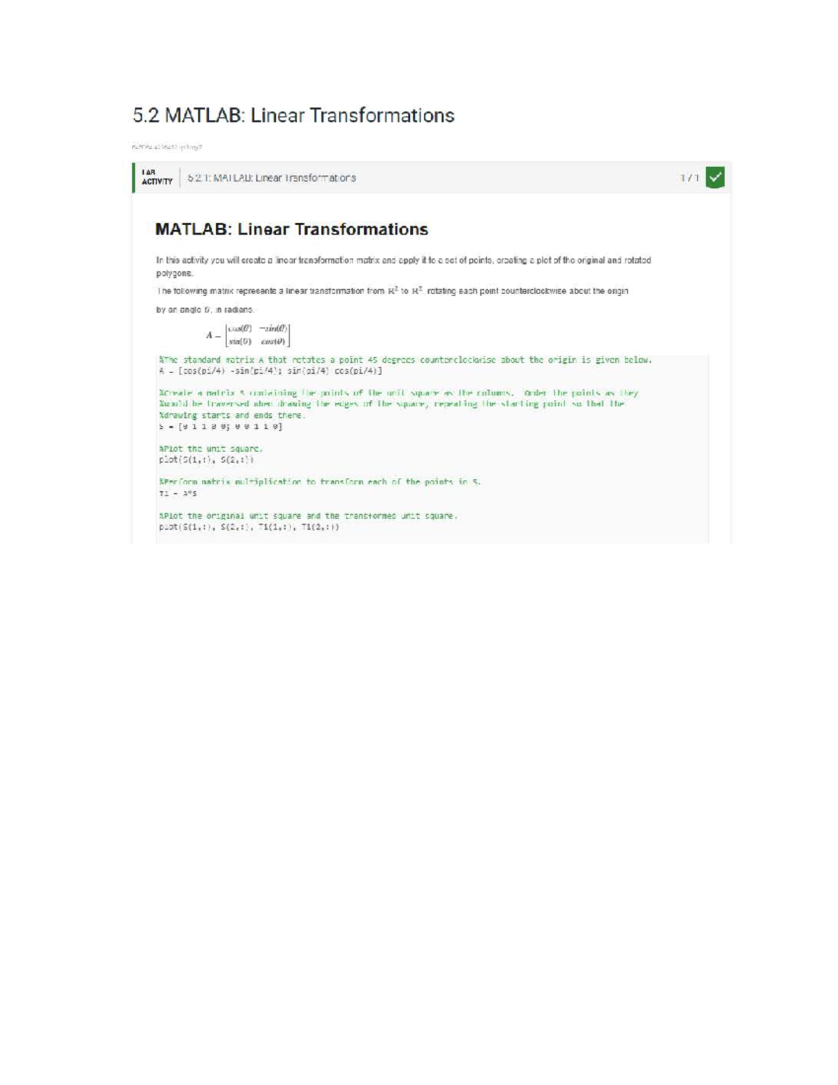 MATLAB: Linear Transformations - Lab 5.2 Activity Overview - Studocu