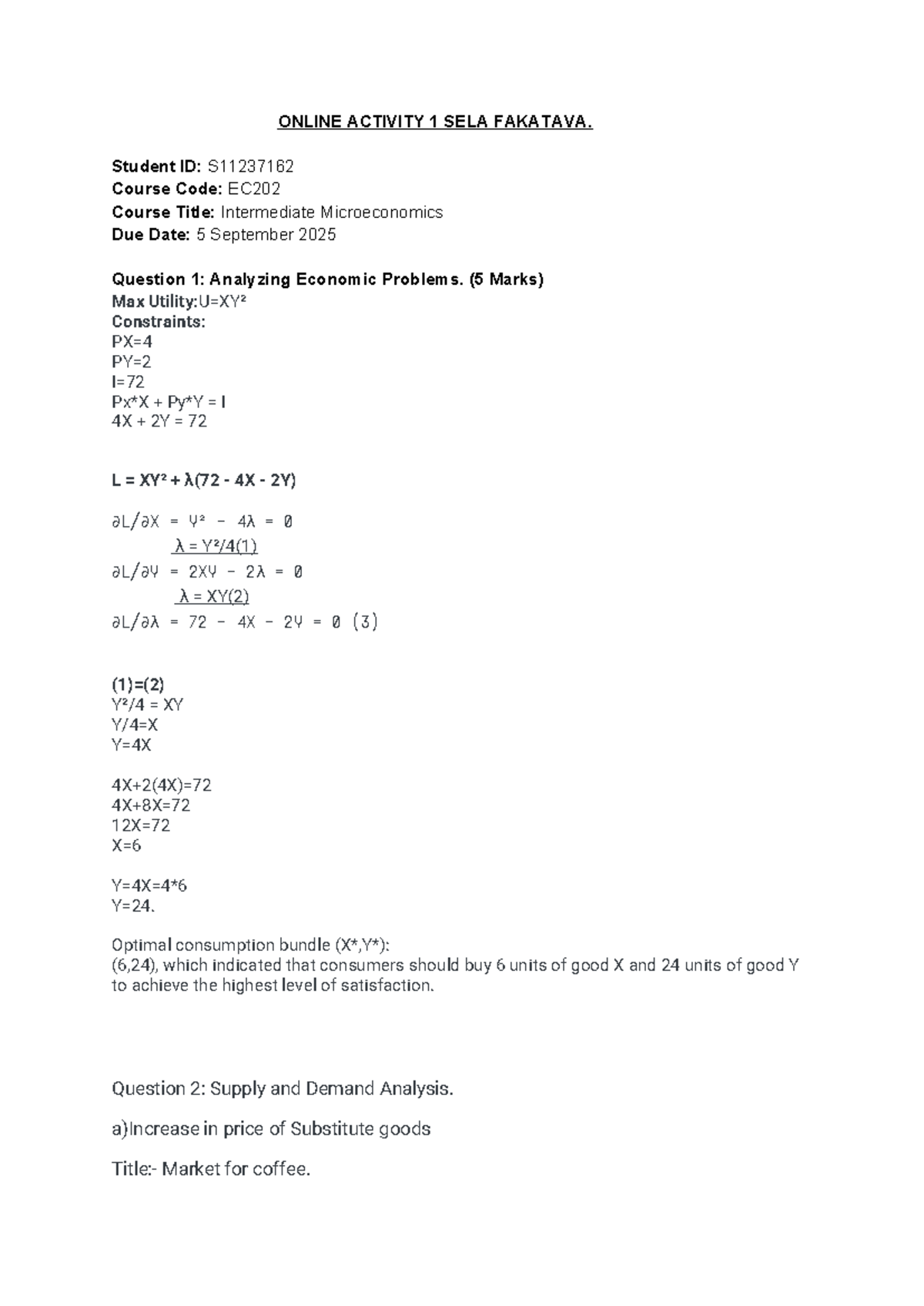 EC202 Online Activity 1: Microeconomics Analysis & Solutions - Studocu