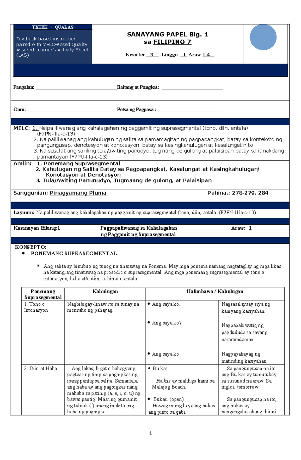 LAS Q3 Filipino 7 WEEK1 - LEARNING ACTIVITY SHEETS - TXTBK + QUALAS SANAYANG PAPEL Blg. 1 sa ...