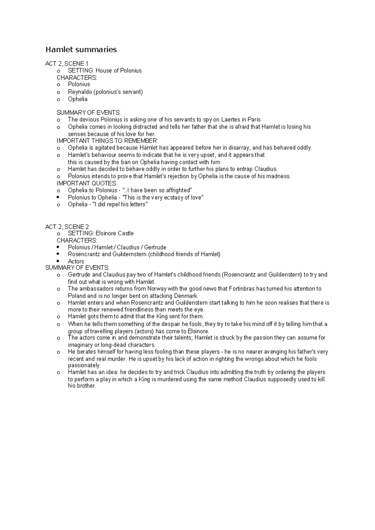 Hamlet Summaries: Detailed Breakdown of Act 2 Scenes 1 & 2 - Studocu