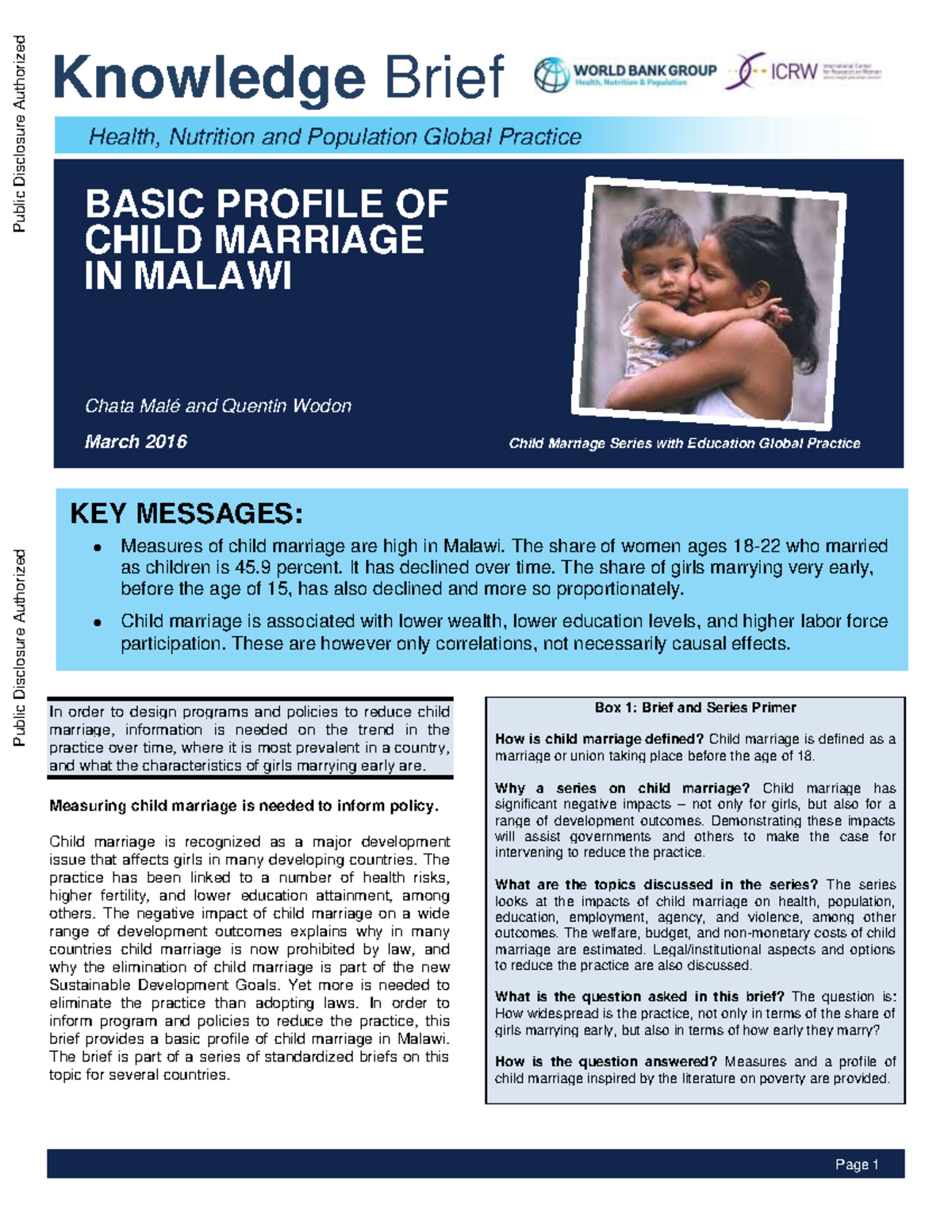 HNP 106386: Basic Profile of Child Marriage in Malawi - Key Insights ...