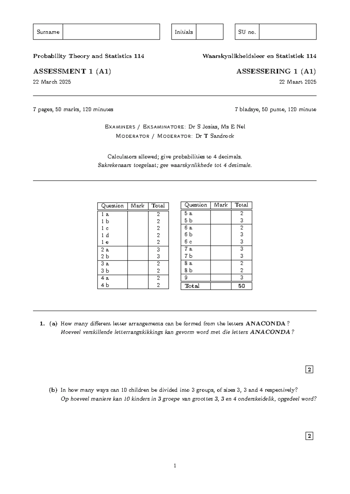 Probability Theory & Statistics 114: Module Framework Overview 2025 - Studocu
