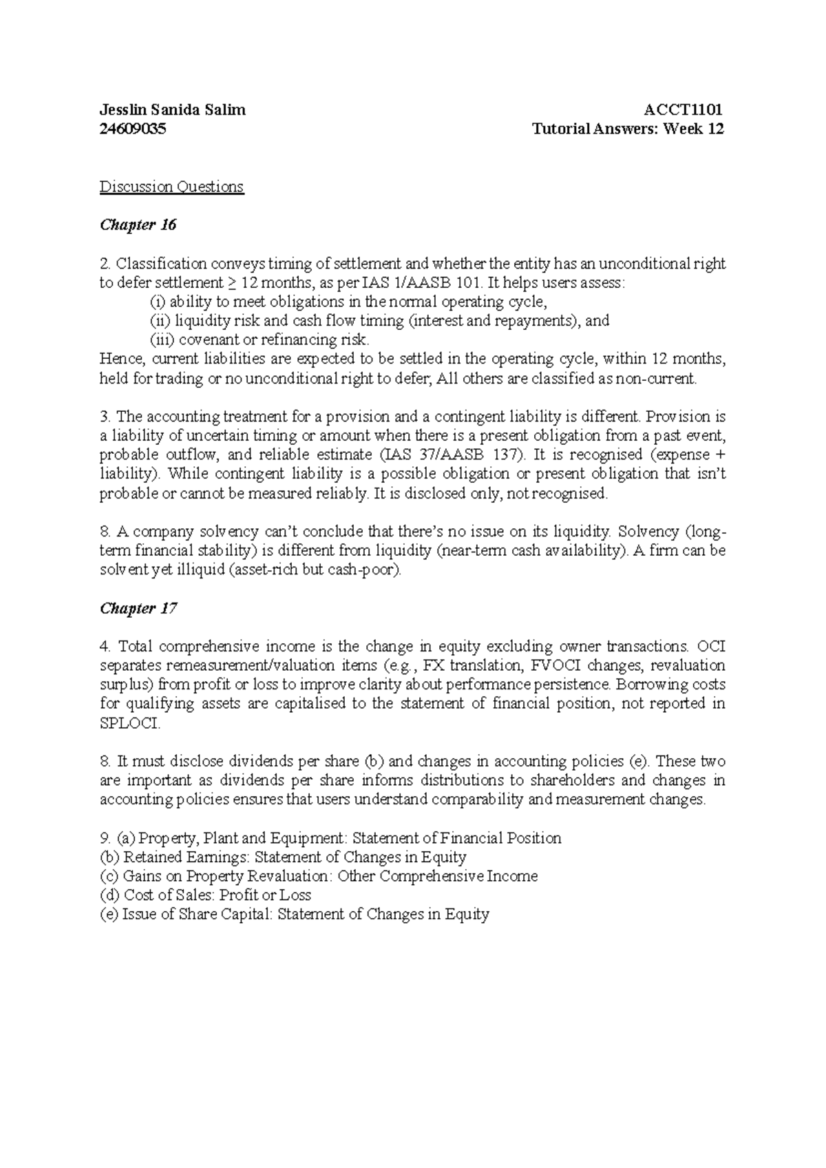 ACCT1101 Tutorial Week 12 Answers: Key Concepts & Exercises - Studocu