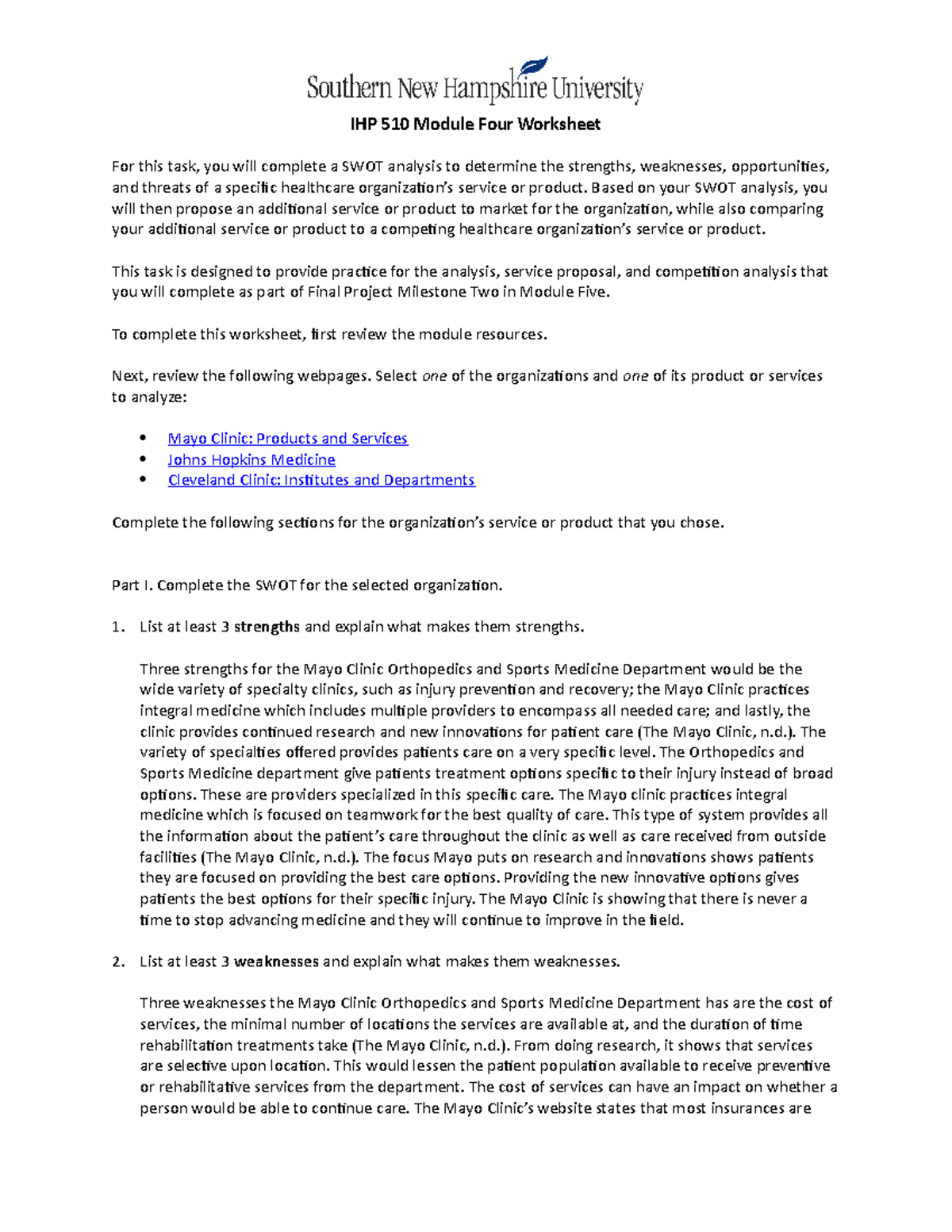 IHP 510 Module 4: SWOT Analysis of Mayo Clinic Orthopedics - Studocu