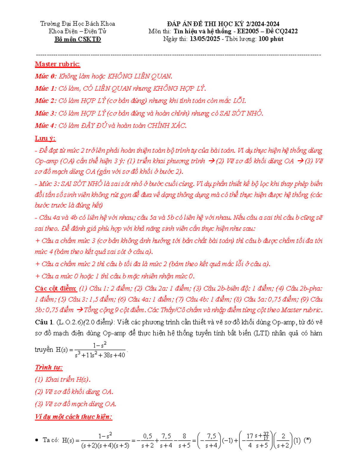 Đáp Án Đề Thi Cuối Kỳ Môn Tín Hiệu và Hệ Thống EE2005 - CQ2422 - Studocu