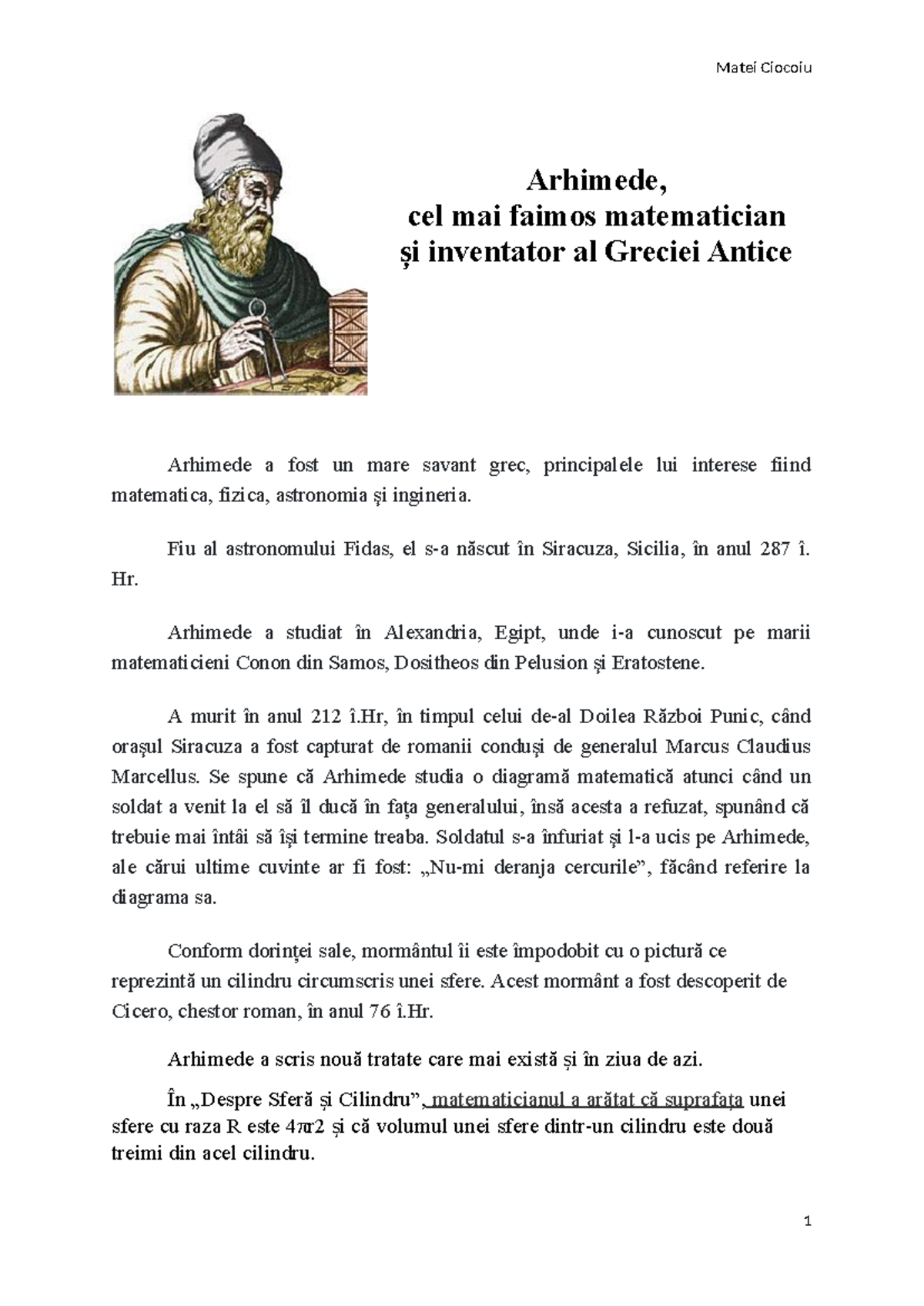 Arhimede: Contribuții la Matematică și Fizică în Grecia Antică - Studocu