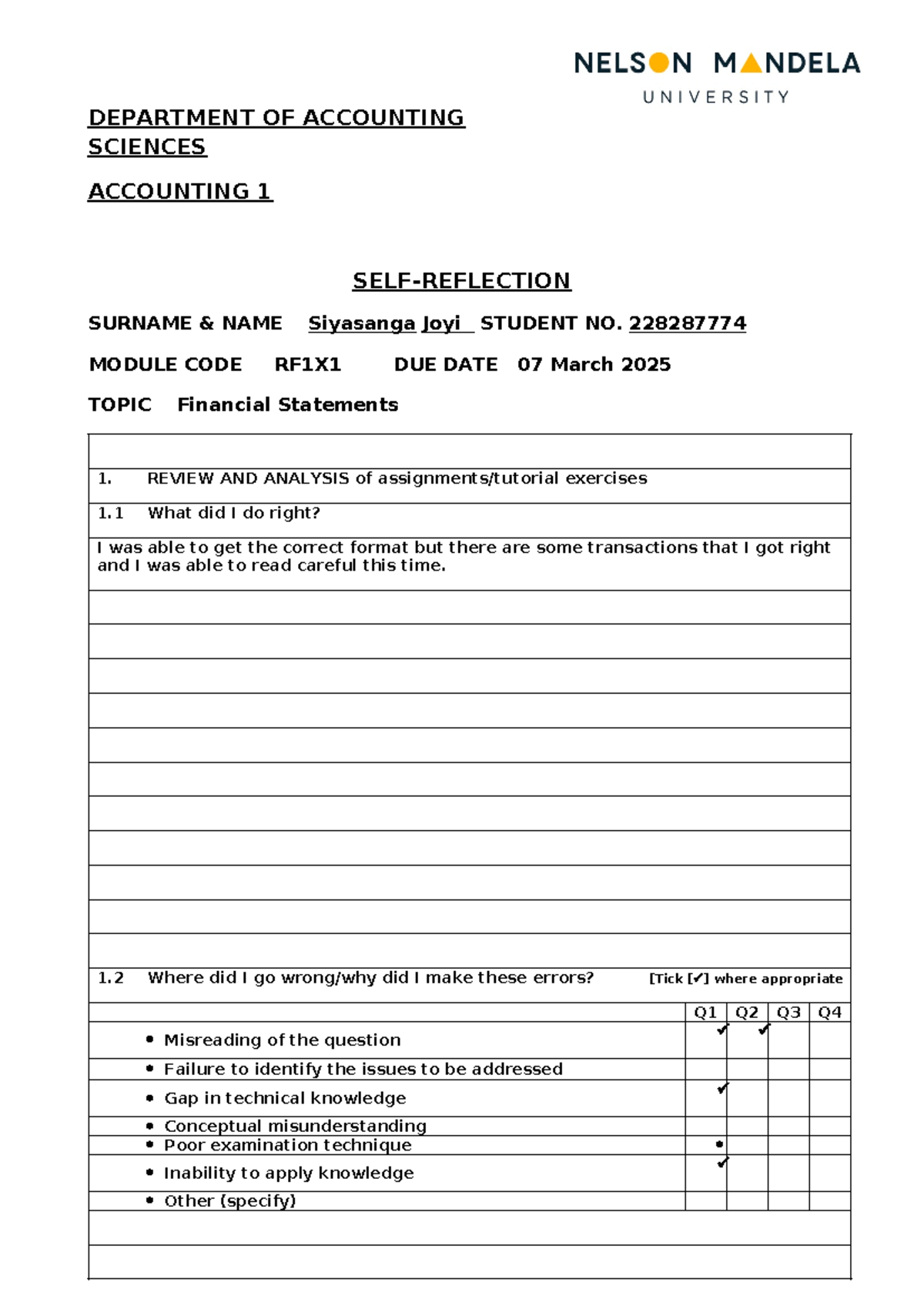 Self Reflection on Financial Statements - ACC 1 RF1X1 - Studocu