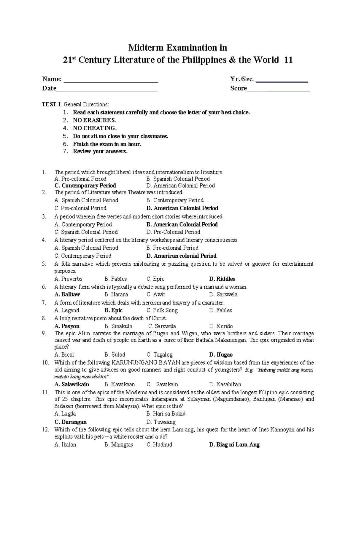 21st Century Lit 11 - Midterm Exam Overview and Questions - Studocu