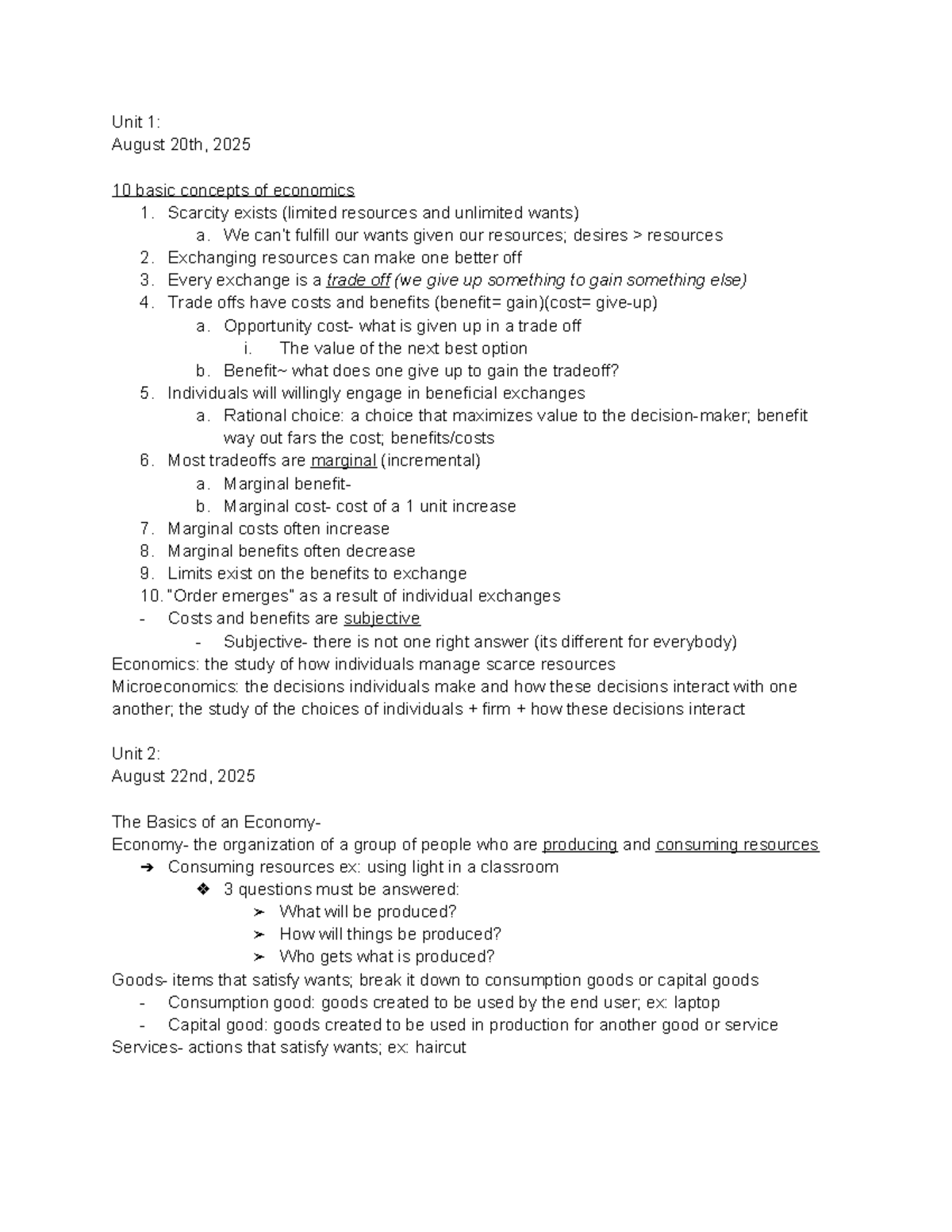 Unit 1 & 2: Basic Economic Concepts Overview (ECO 101) - Studocu