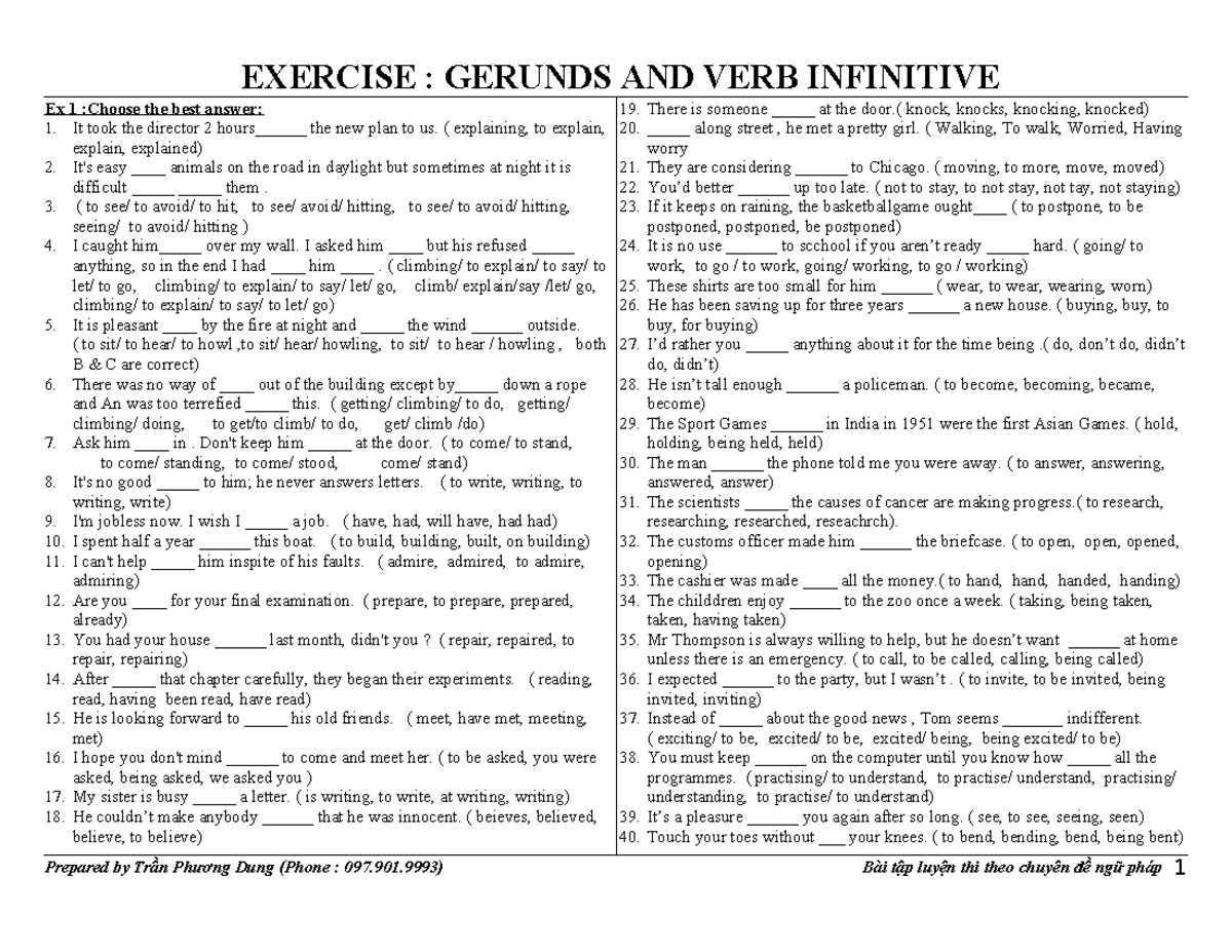 EXERCISE: GERUNDS AND VERB INFINITIVE (BT TO V VING) - Studocu